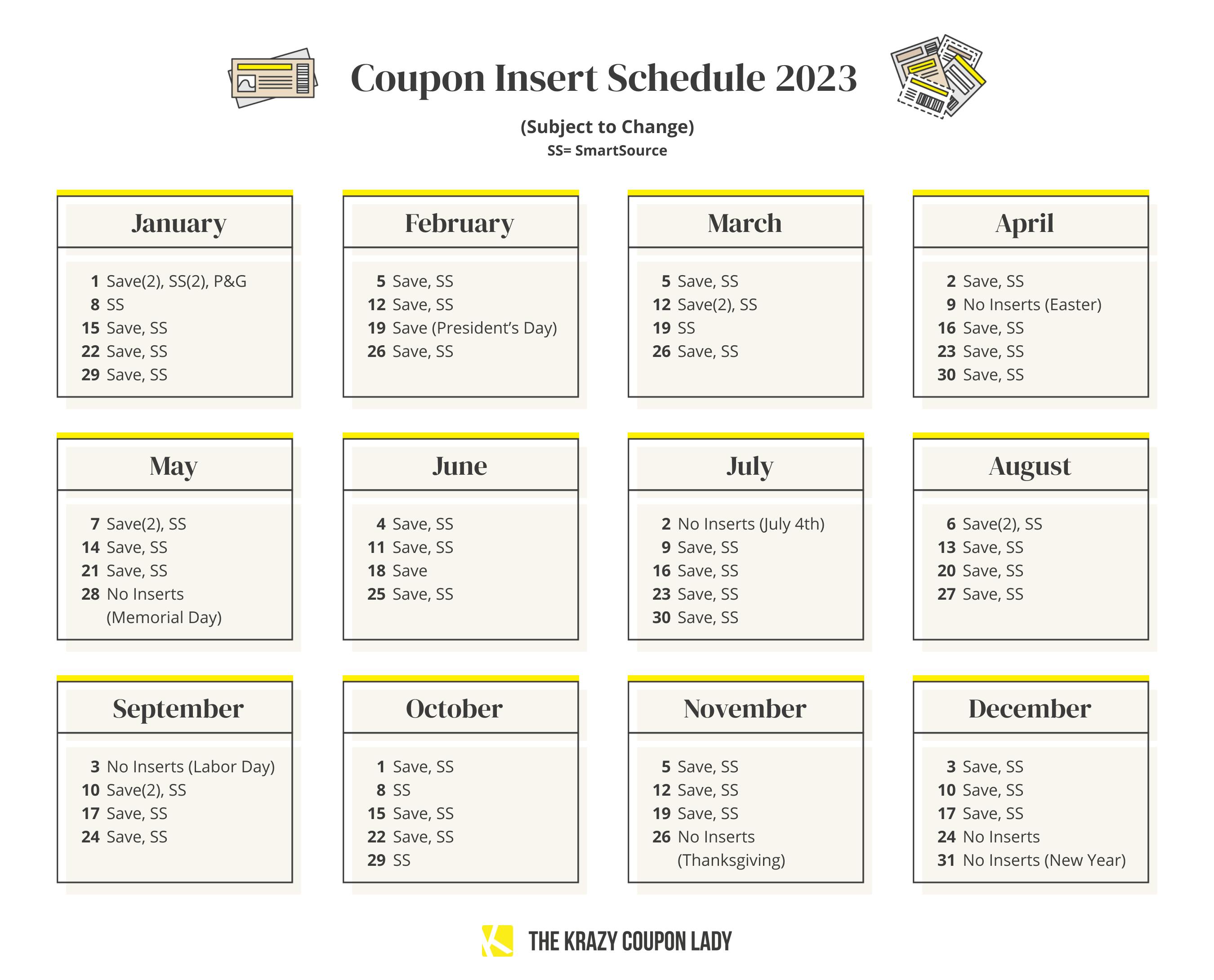 Sunday Coupon Insert Schedule 2023: Printable - The Krazy Coupon Lady